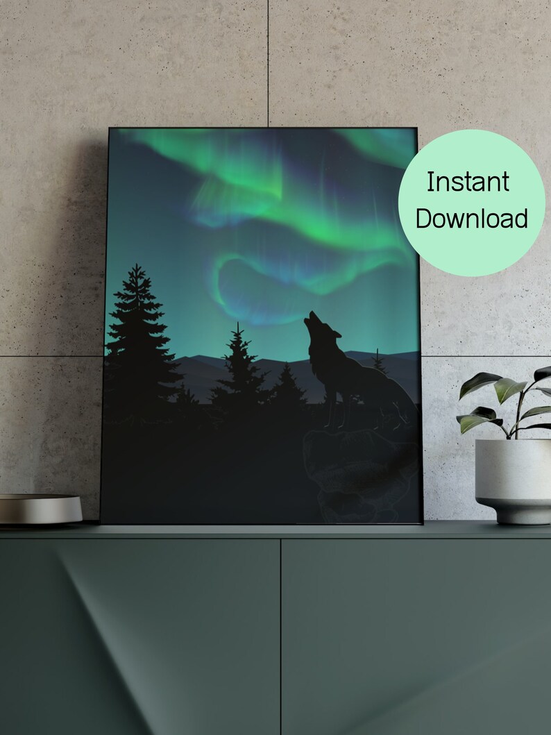 Northern Lights Wall Art | Howling Wolf | Aurora Borealis Printable ...