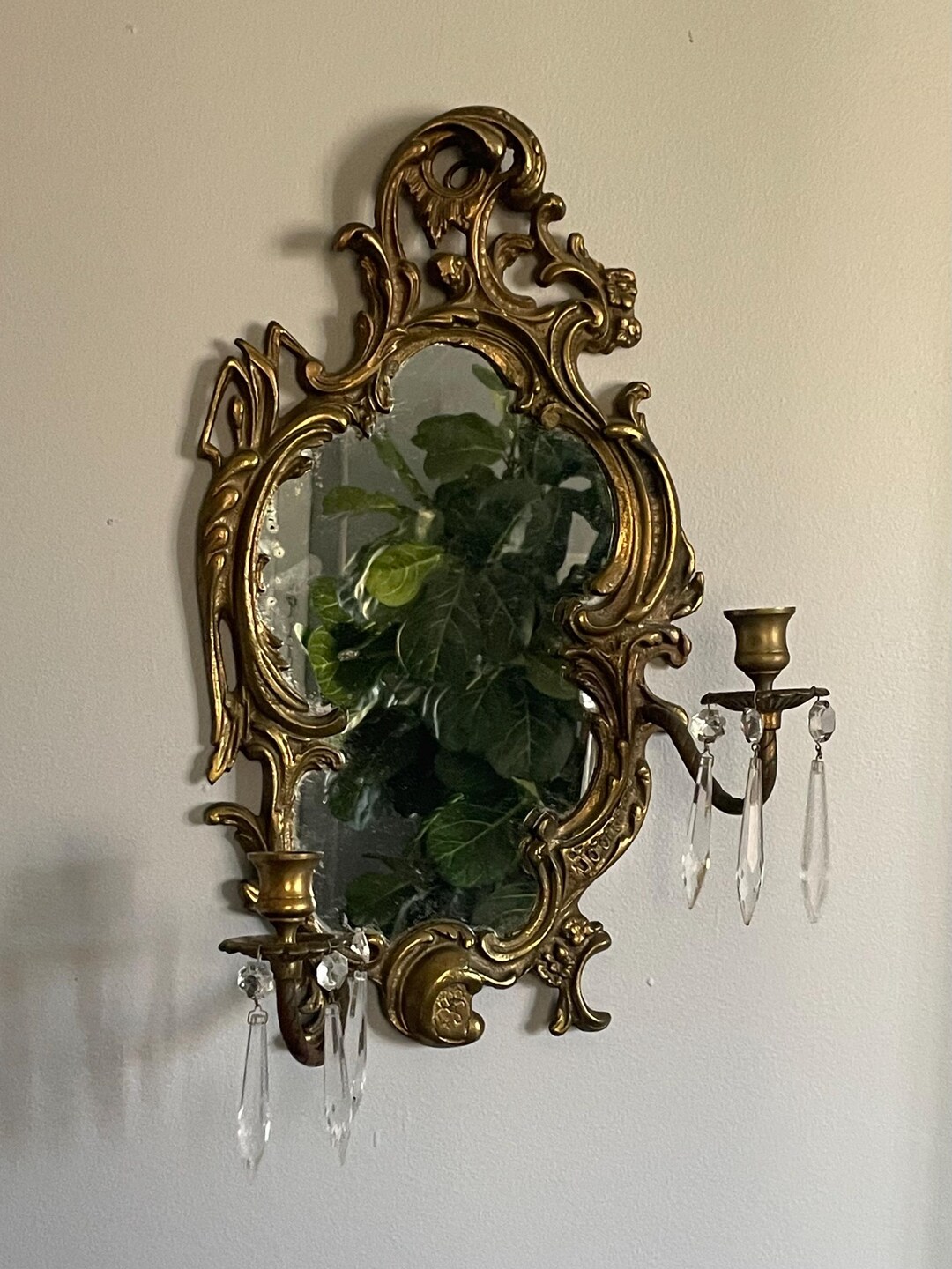 Antique Double Candlestick Brass Mirror With Crystal Detail Louis XV ...