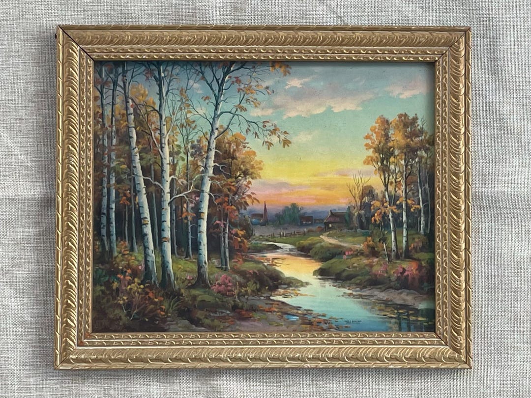 1940s Landscape Art Print Gold Frame Vintage Country Landscape Scene ...