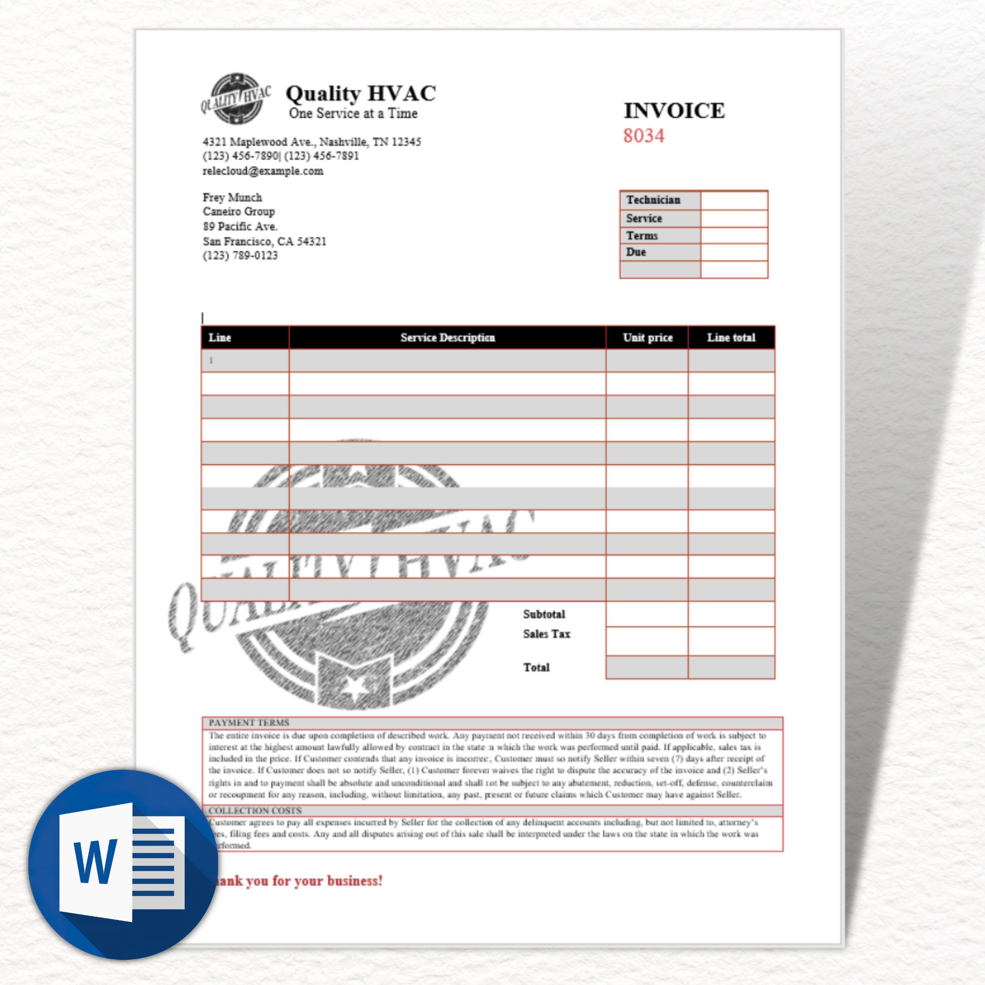 HVAC Invoice Template, Business Invoice, Word Invoice, Invoice Form ...