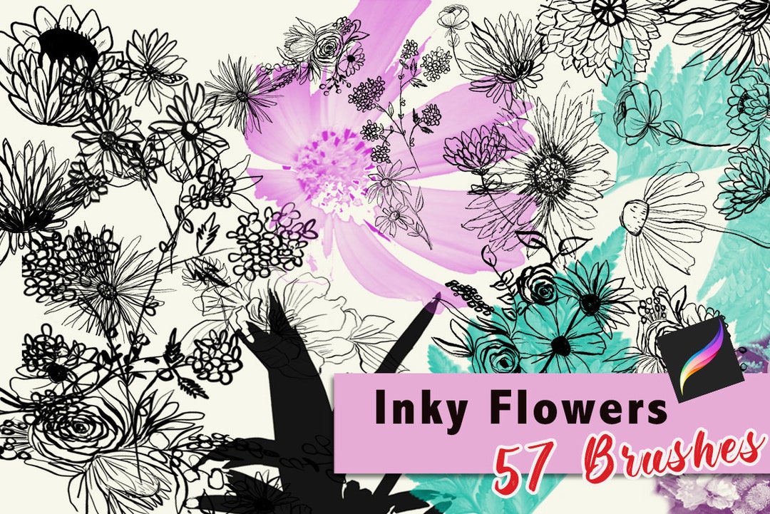 Inky Flowers Procreate Brush Set, Hand-drawn, Botanical Brush Set, Procreate Stamps, 57 ...