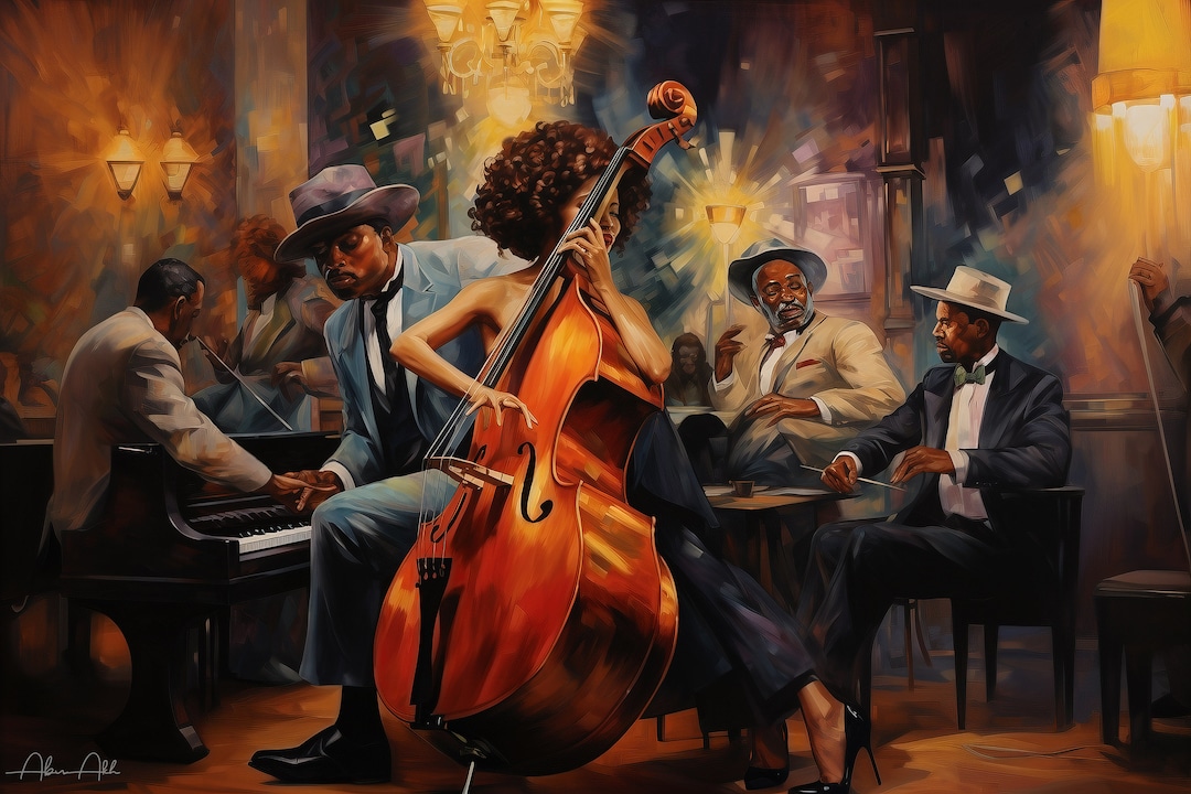 Vibrant Jazz Band Acrylic Art - Black Culture, African American Music, Female Guitarist, Wood ...