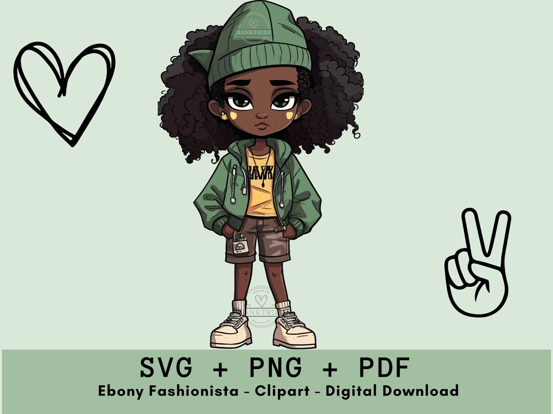 Chibi Afro Girl Clipart - Urban Streetwear Chic - Green Hoodie & Skull ...