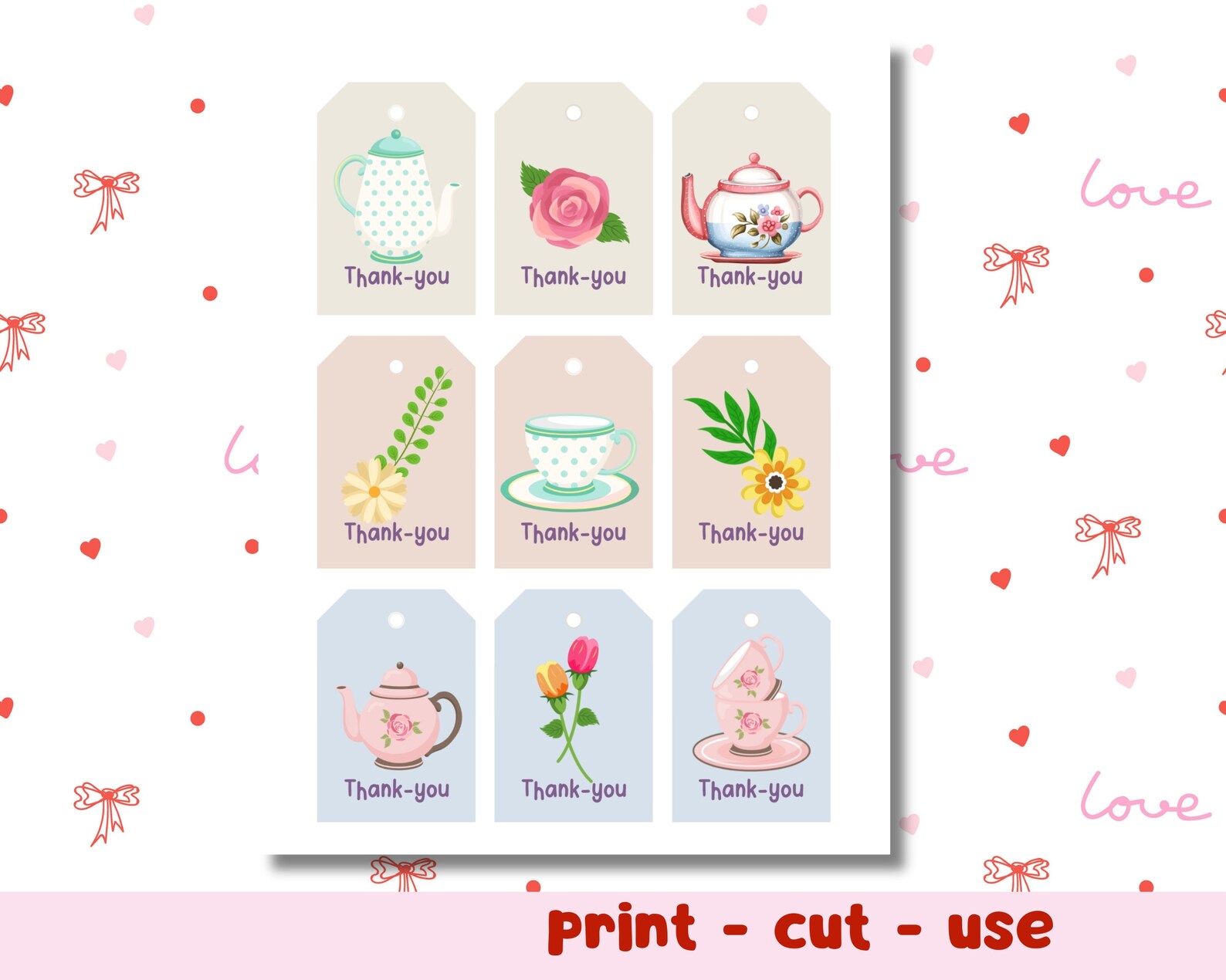 9 Thank You Tags Template, Printable Tea Party Gift Tags, Tea Party ...