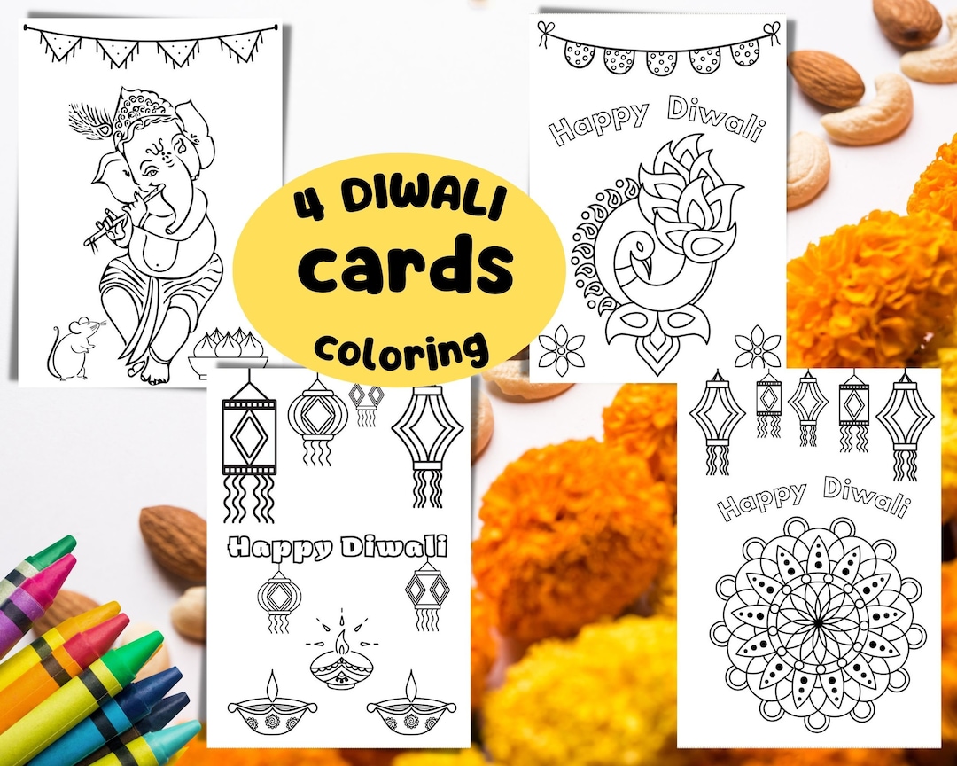4 Coloring Happy Diwali Cards | 4 Happy Diwali Coloring Cards | Instant ...