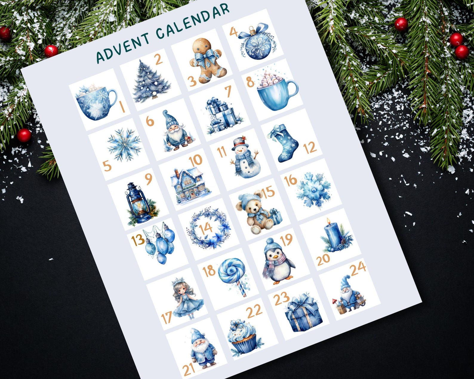 30 Blue Advent Calendar Printables, Blue Christmas Countdown, Blue ...