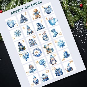 30 Blue Advent Calendar Printables, Blue Christmas Countdown, Blue ...