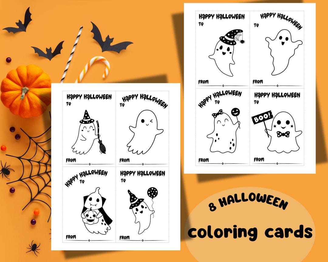 8 Printable Happy Halloween Coloring Greeting Cards for Children , 8 ...