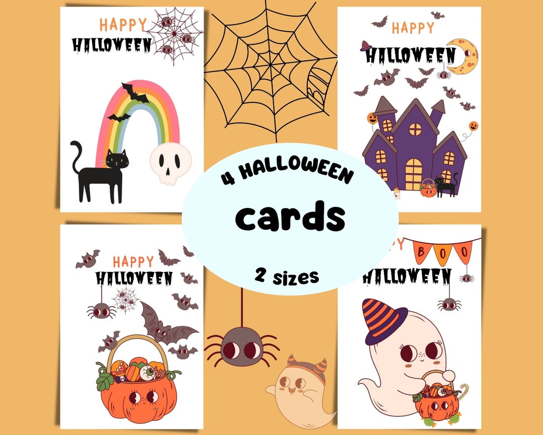 4 Printable Happy Halloween Greeting Card, Spooky Halloween Card Bundle ...