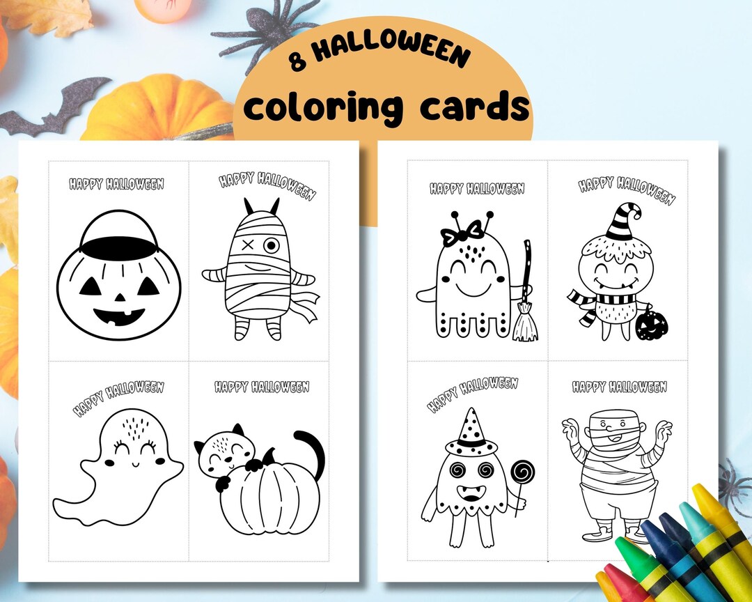 8 Printable Happy Halloween Coloring Greeting Cards for Children , 8 ...
