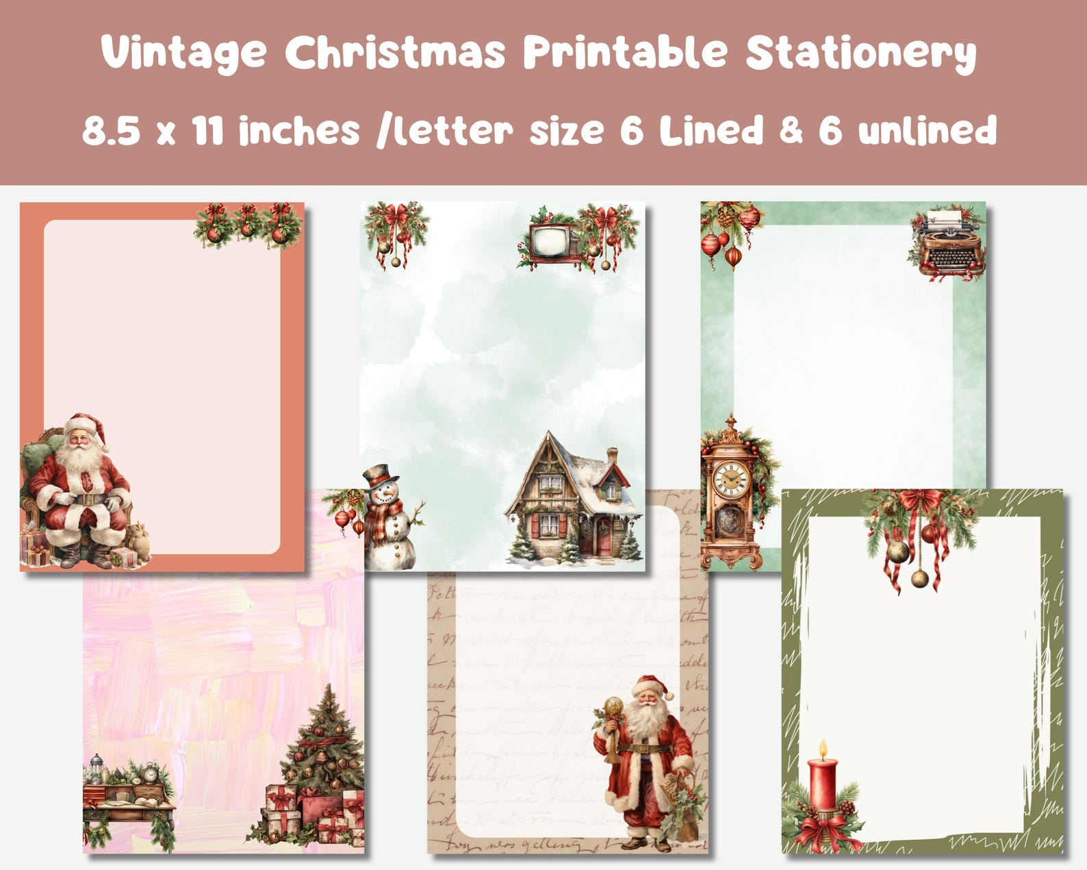 Vintage Christmas Printable Stationery Lined and Unlined Paper US ...