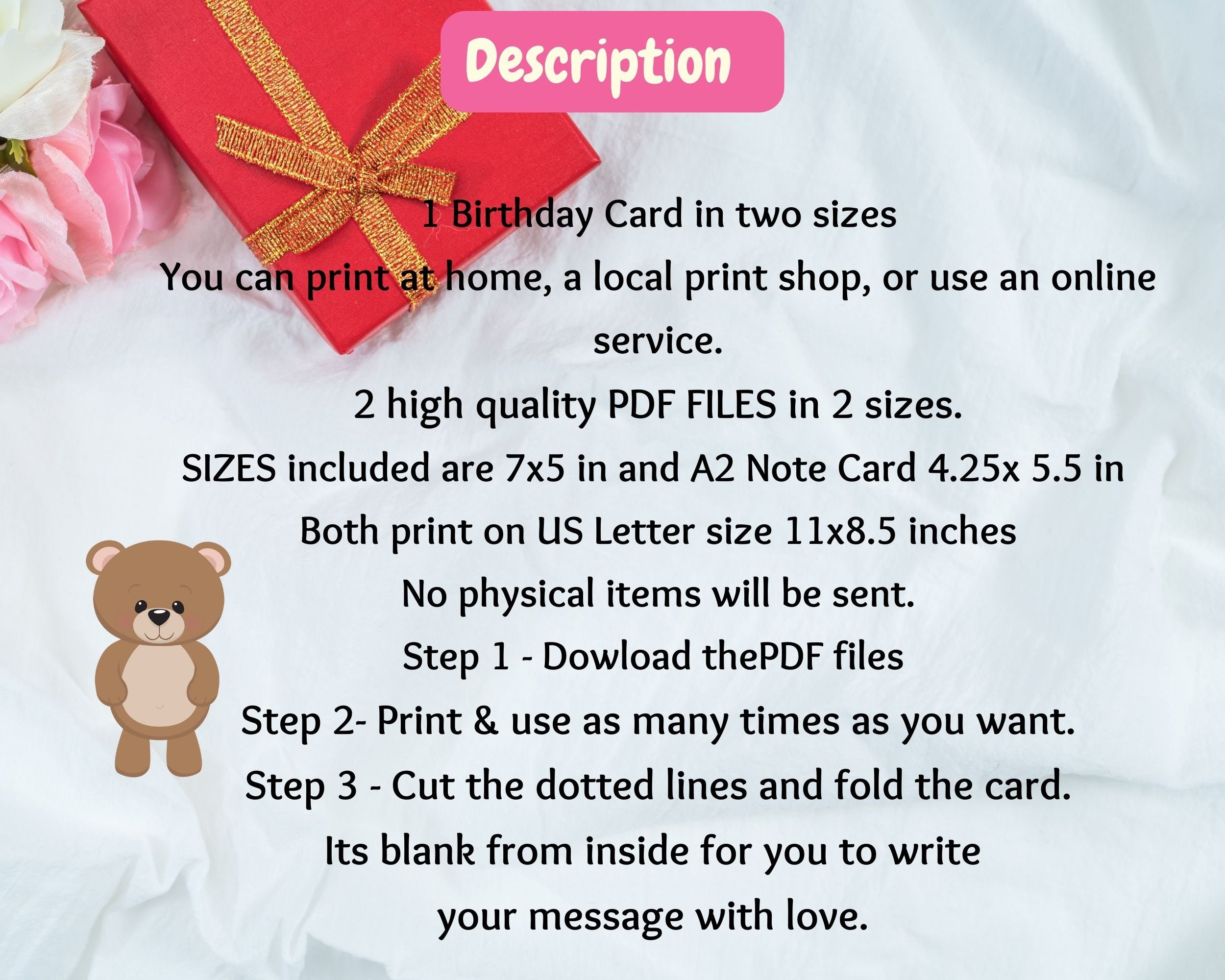Teddy Bear Printable Birthday Card Digital Download Birthday - Etsy