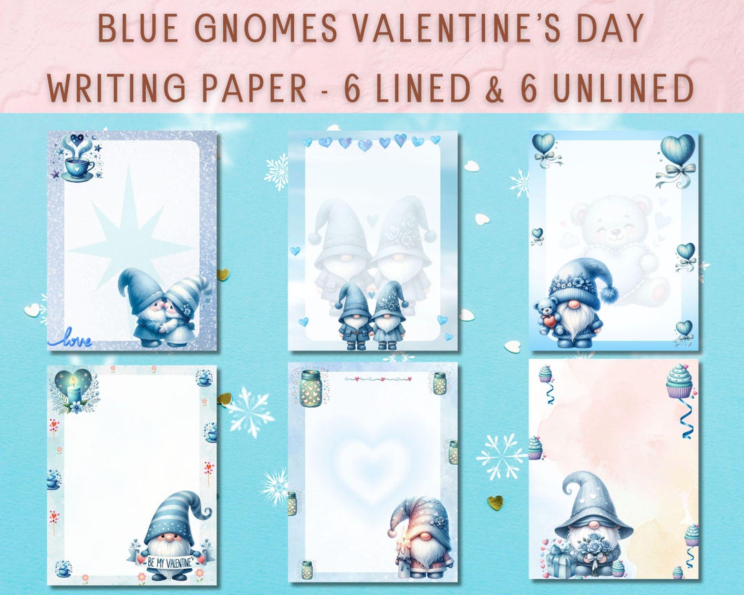 Blue Gnome Valentine's Day Stationery | Lined & Unlined Paper (PDF) - Etsy