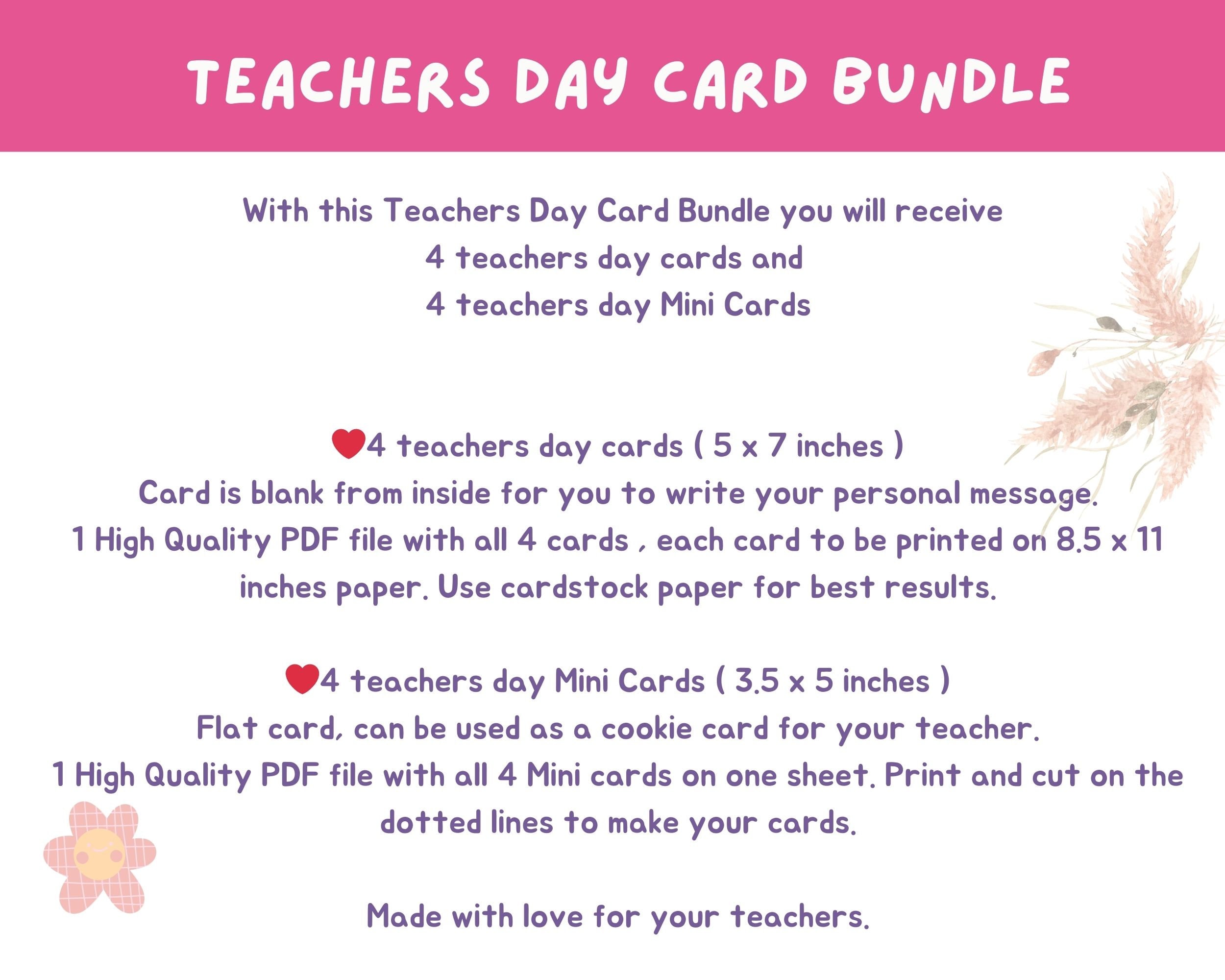 4 Printable Teachers Day Cards 4 Mini Teachers Day Cards Instant ...