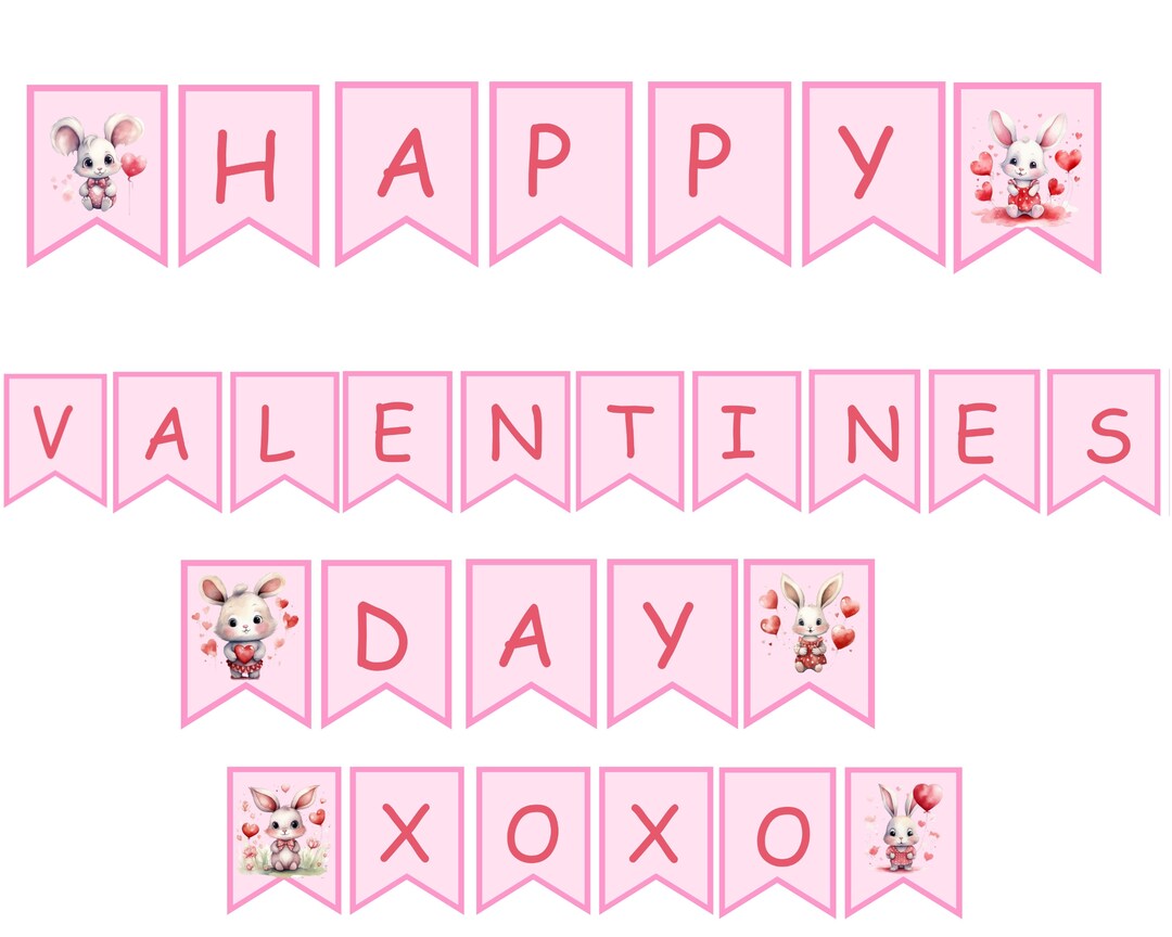 Happy Valentines Day Printable Pink Banner, Pink Bunny Valentines Day ...