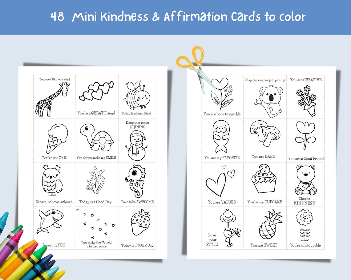 48 Mini Kindness Cards to Color for Kids | Printable Mini Positivity ...