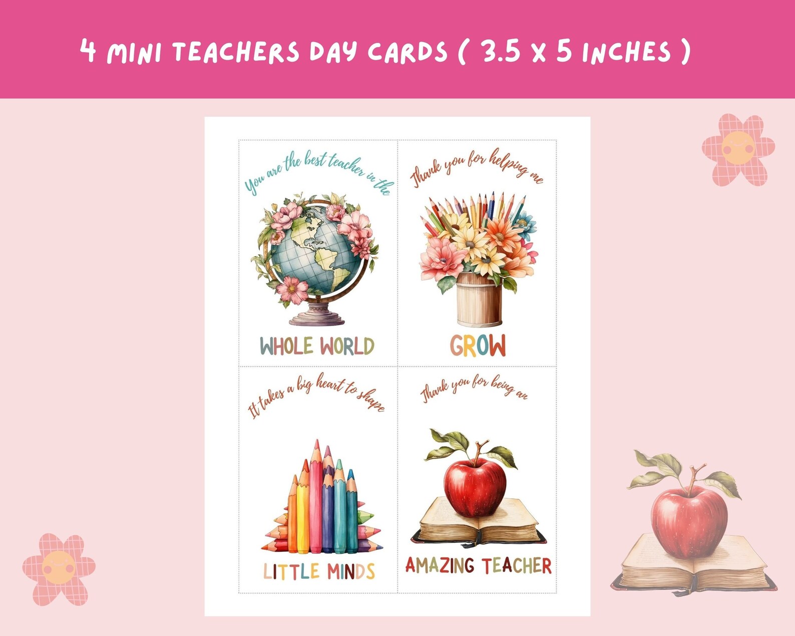 4 Printable Teachers Day Cards 4 Mini Teachers Day Cards Instant ...