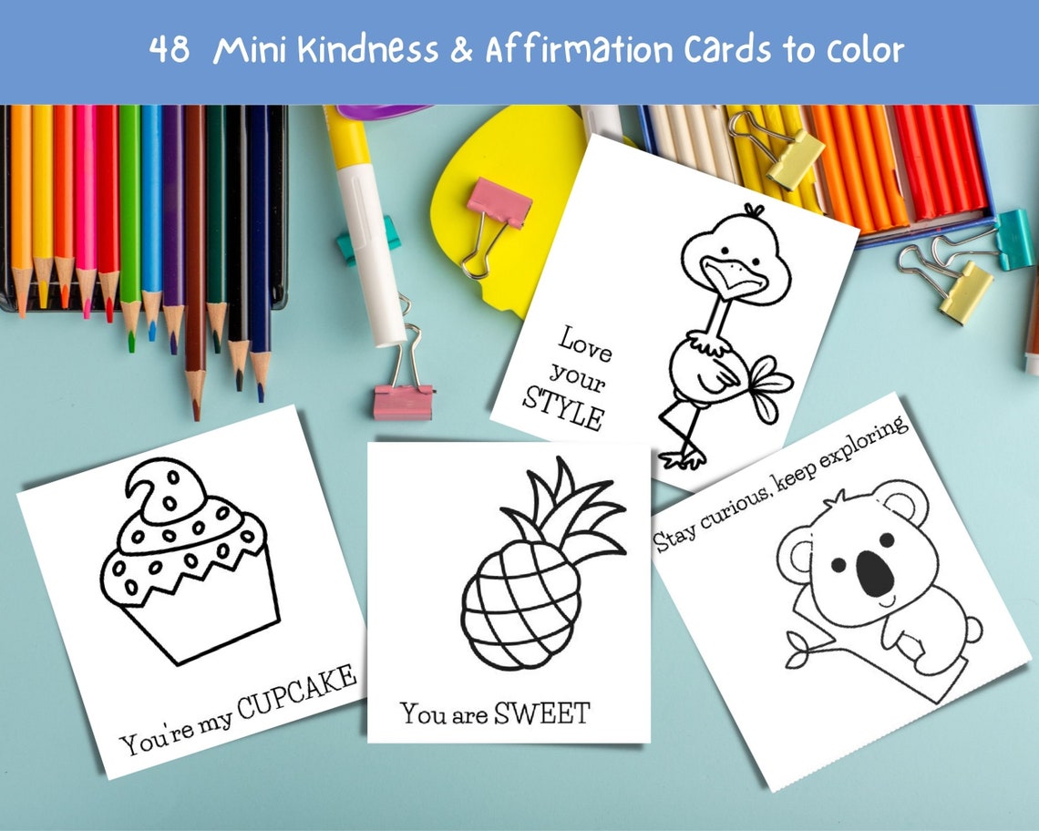 48 Mini Kindness Cards to Color for Kids | Printable Mini Positivity ...