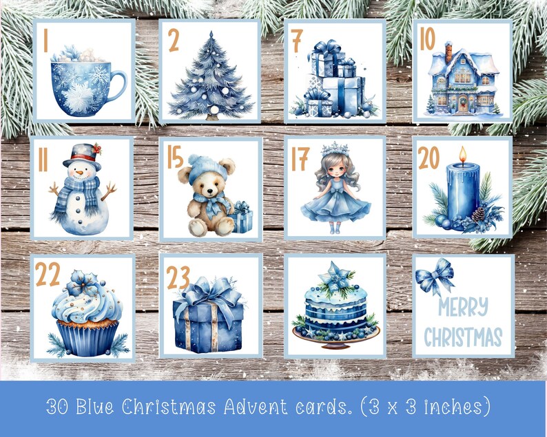 30 Blue Advent Calendar Printables, Blue Christmas Countdown, Blue ...