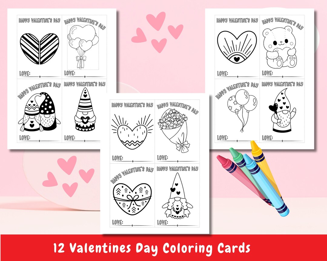 Valentine's Day Coloring Cards for Kids: Gnome, Hearts - 12 Card Bundle ...
