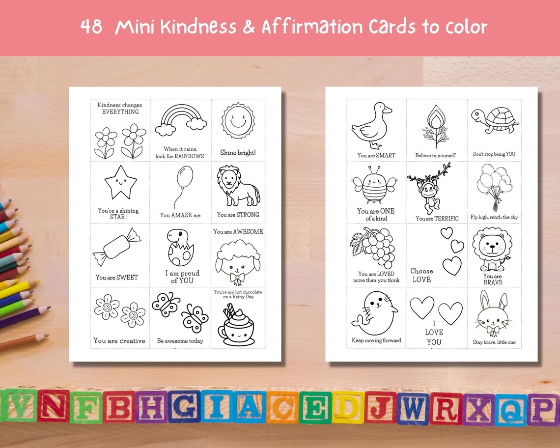 48 Mini Kindness Cards to Color for Kids | Printable Mini Positivity ...