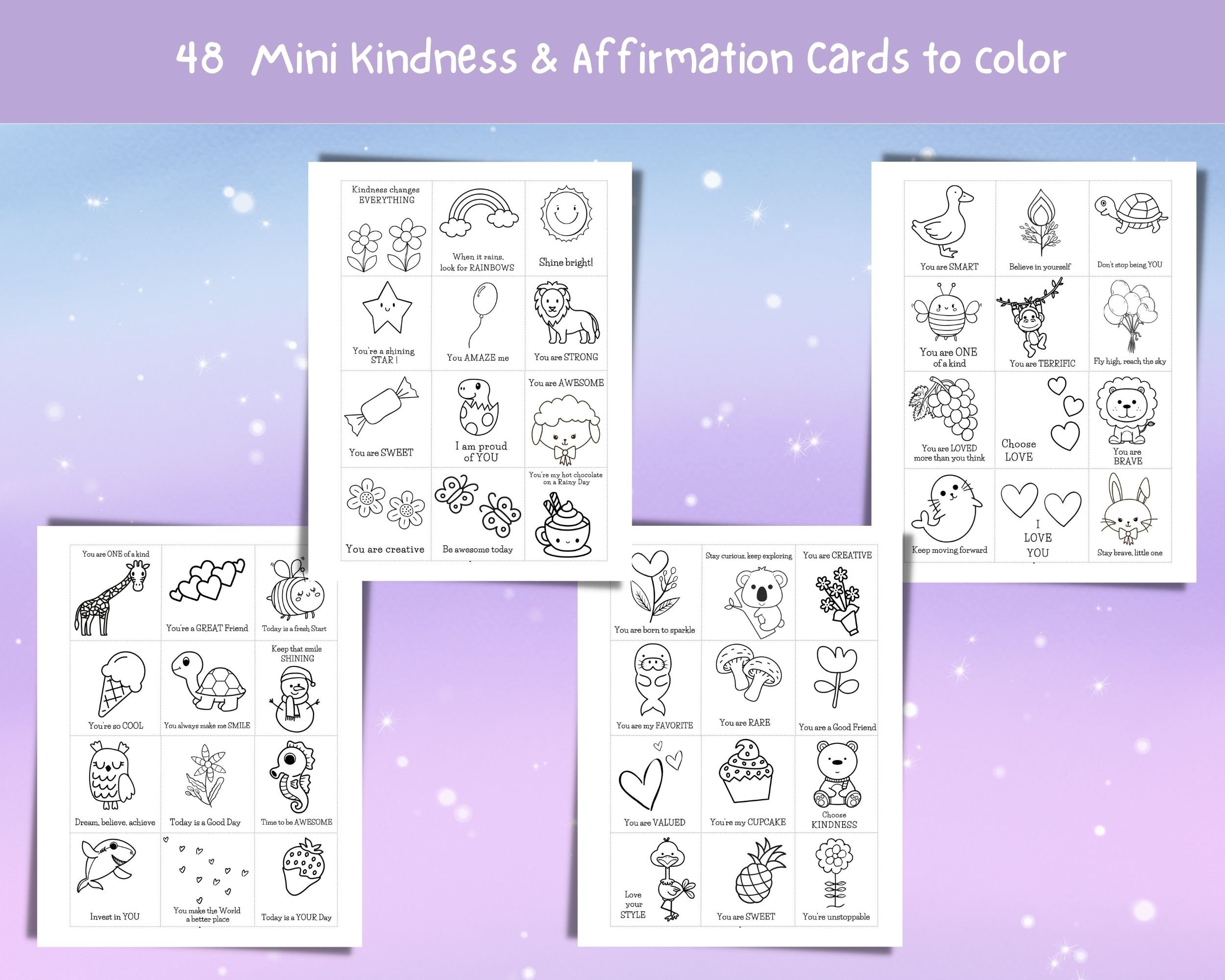 48 Mini Kindness Cards to Color for Kids | Printable Mini Positivity ...