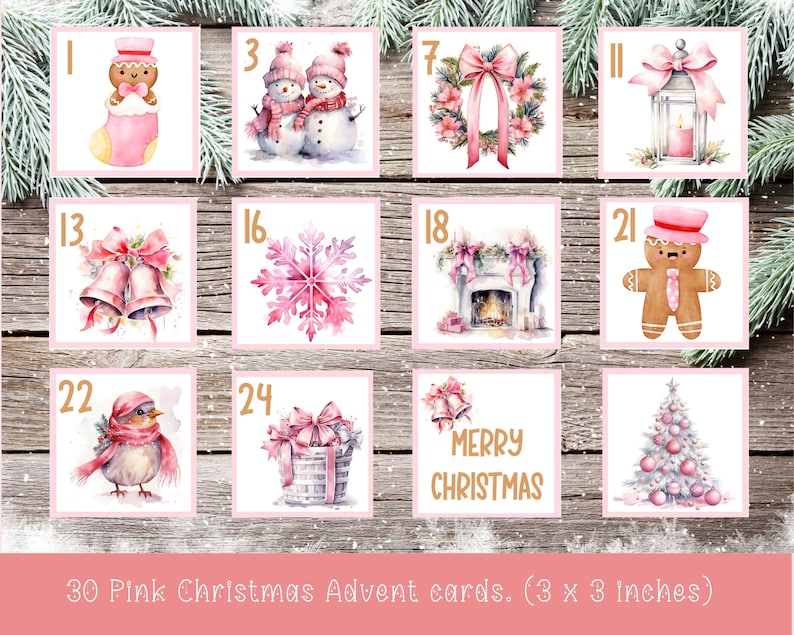 Pink Christmas Advent Calendar Cards, DIY Countdown (printable) - Etsy