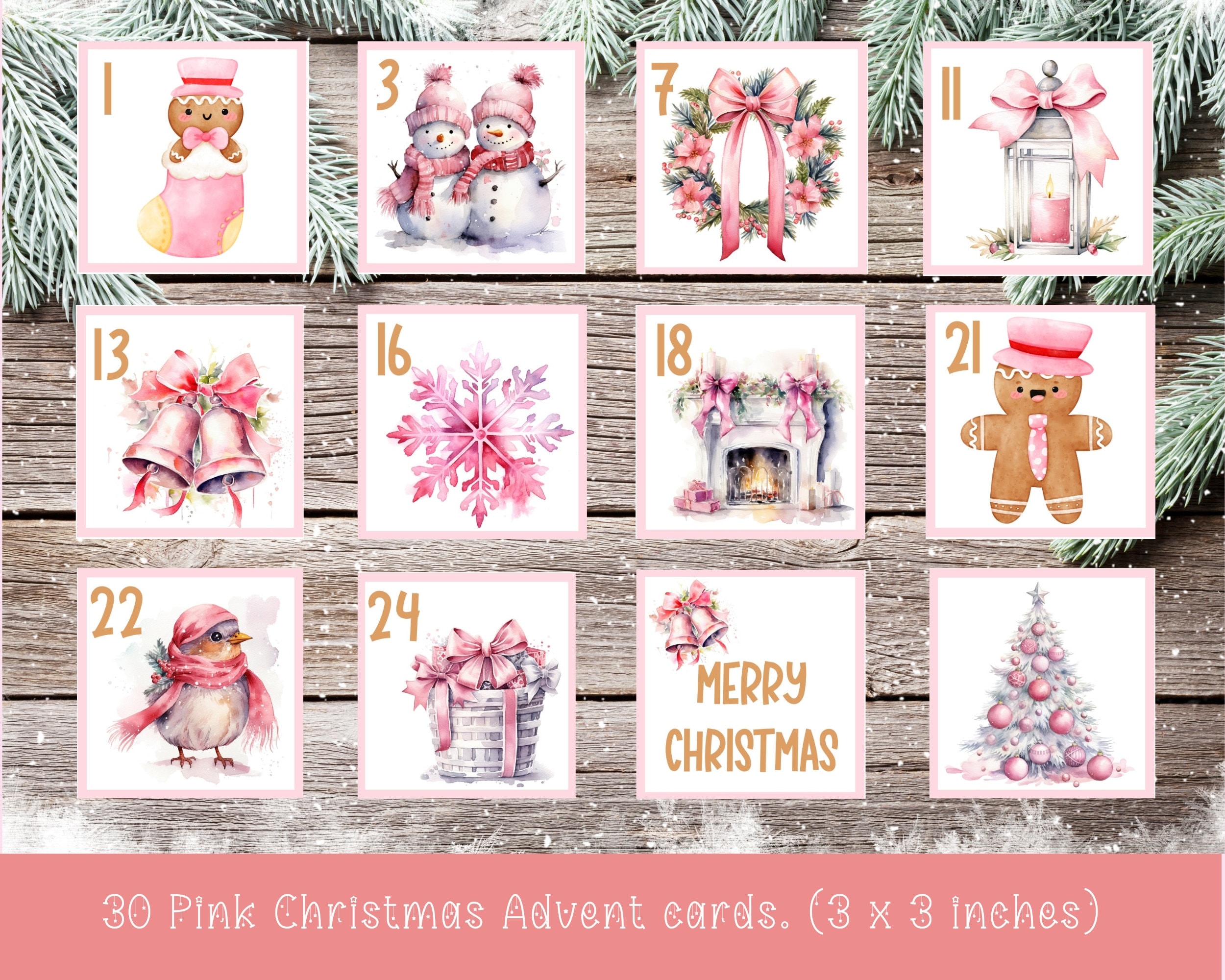 Pink Christmas Advent Calendar Cards, DIY Countdown (printable) - Etsy
