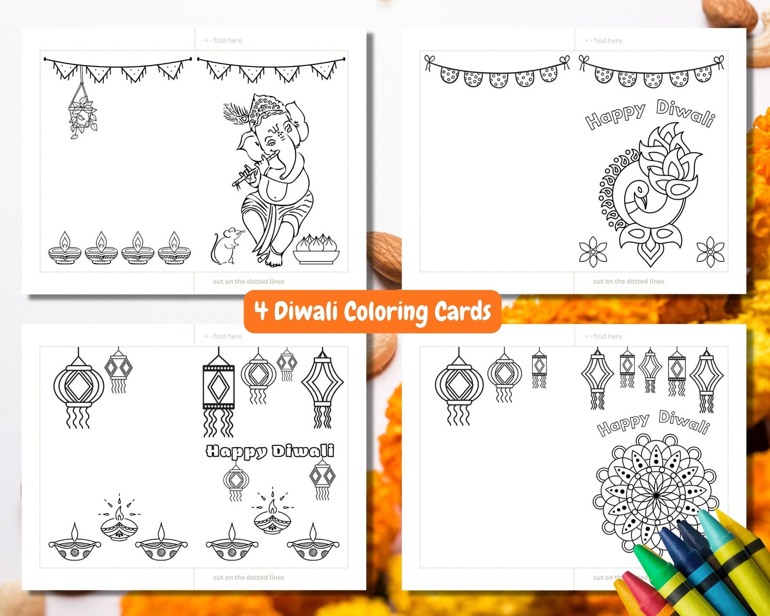 4 Coloring Happy Diwali Cards | 4 Happy Diwali Coloring Cards | Instant ...