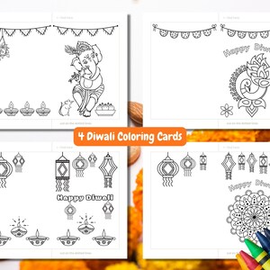 4 Coloring Happy Diwali Cards | 4 Happy Diwali Coloring Cards | Instant ...