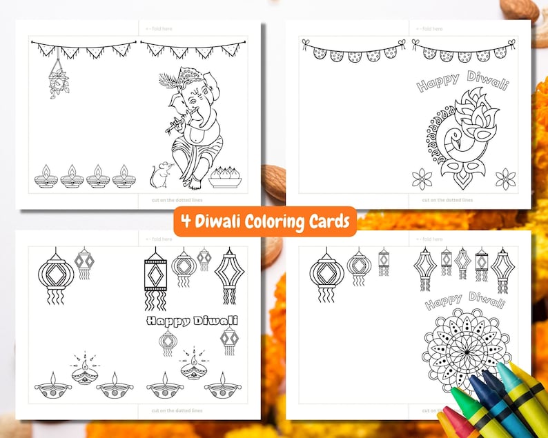 4 Coloring Happy Diwali Cards | 4 Happy Diwali Coloring Cards | Instant ...