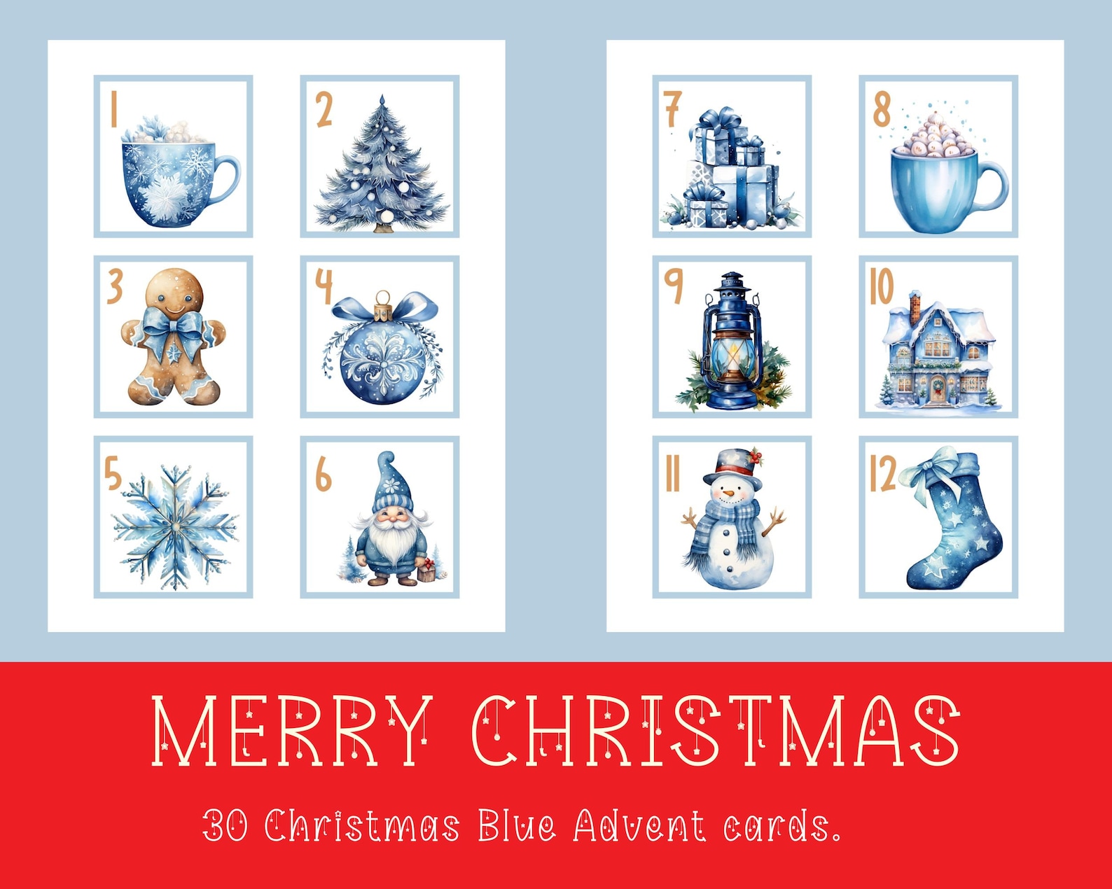 30 Blue Advent Calendar Printables, Blue Christmas Countdown, Blue ...