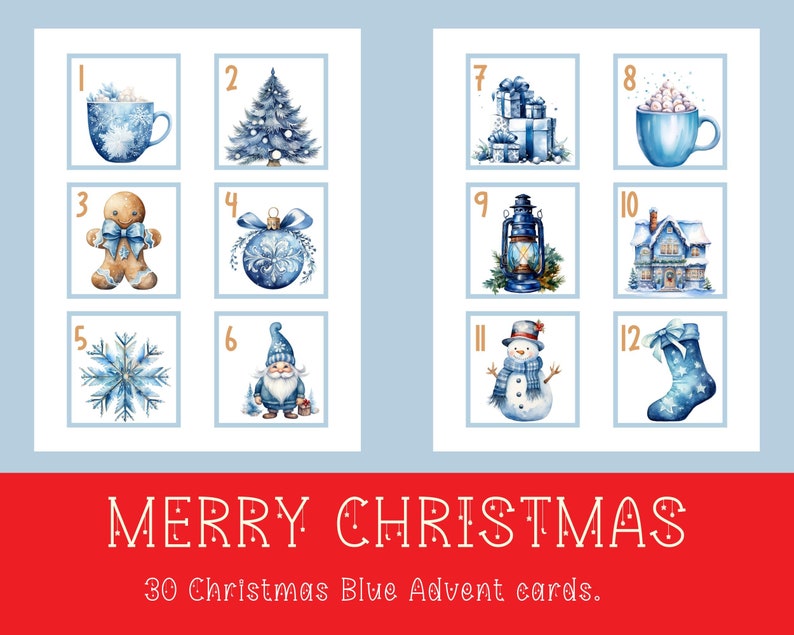 30 Blue Advent Calendar Printables, Blue Christmas Countdown, Blue ...