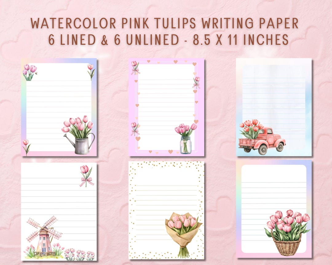 Watercolor Pink Tulips Printable Stationery | Lined and Unlined Paper ...
