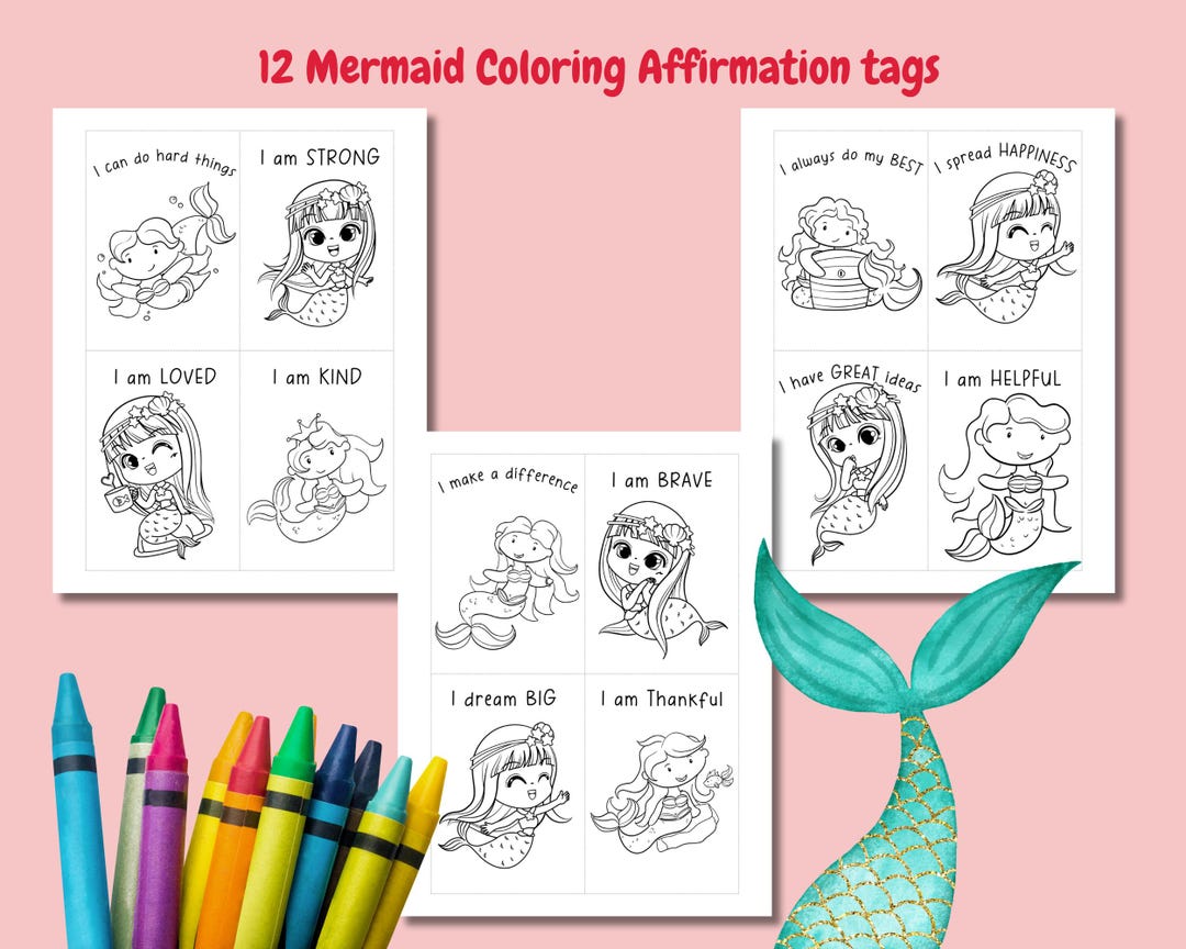 12 Mermaid Coloring Affirmation Cards | Printable Mini Positivity Cards ...