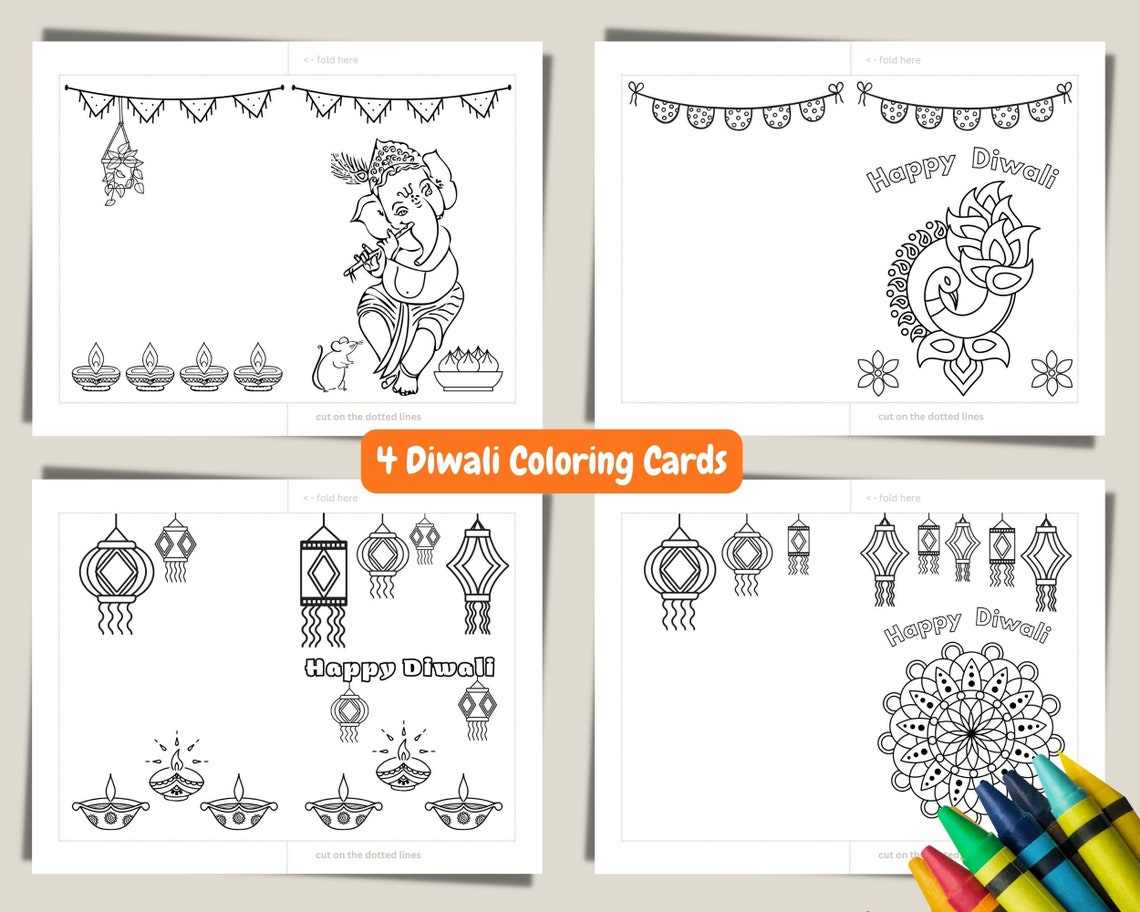 4 Coloring Happy Diwali Cards | 4 Happy Diwali Coloring Cards | Instant ...