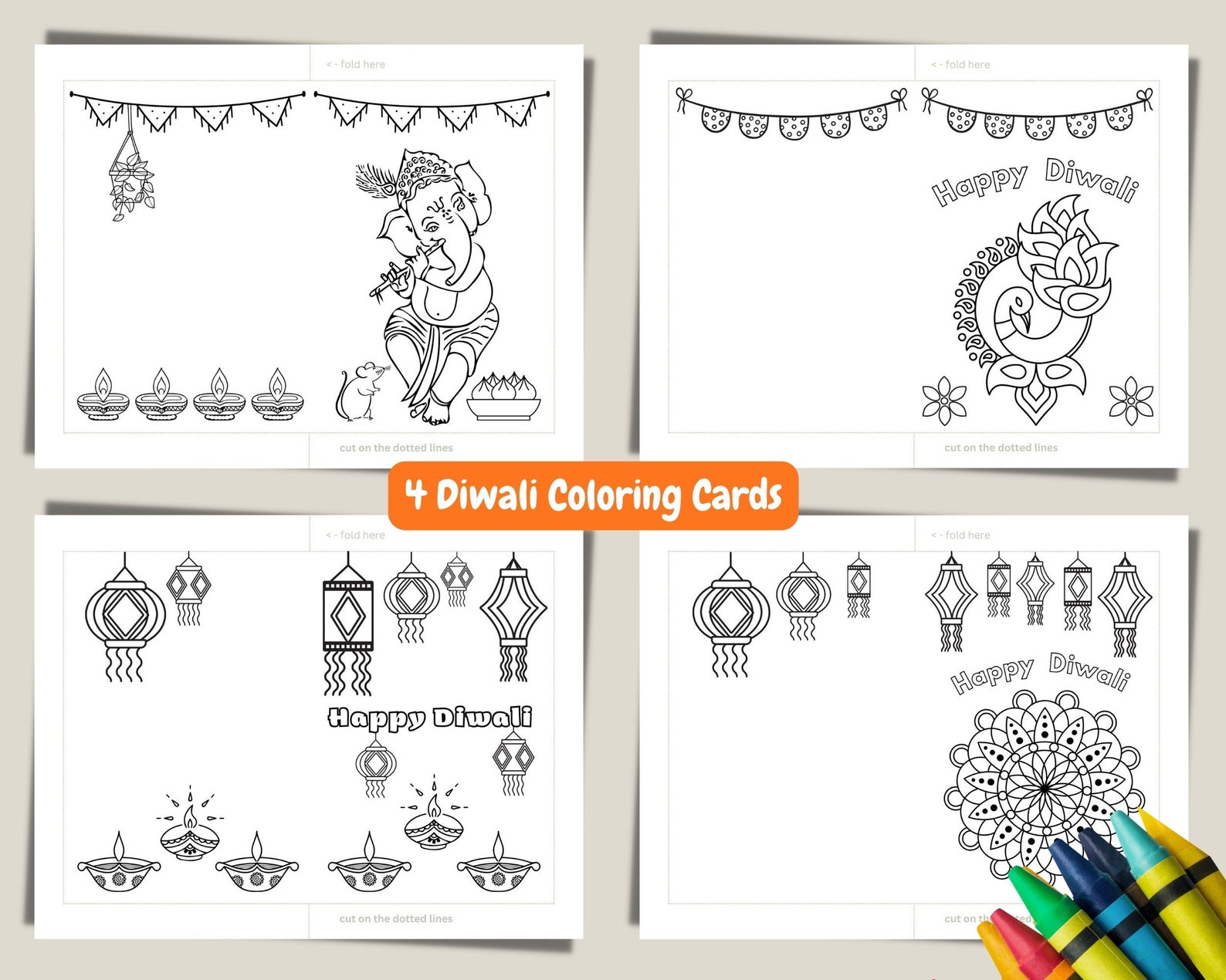 4 Coloring Happy Diwali Cards | 4 Happy Diwali Coloring Cards | Instant ...