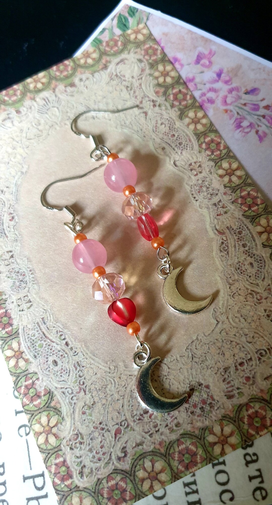 Pink Mixed Bead Earrings Coquette Moon Charm Iridescent Dangle Earrings ...