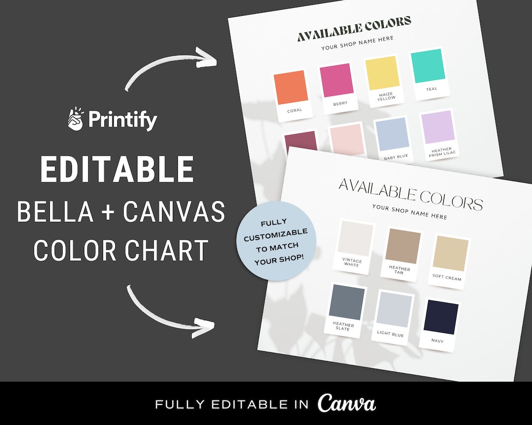 Printify Color Chart, Bella Canvas Color Chart, 2023 Colors, Editable ...