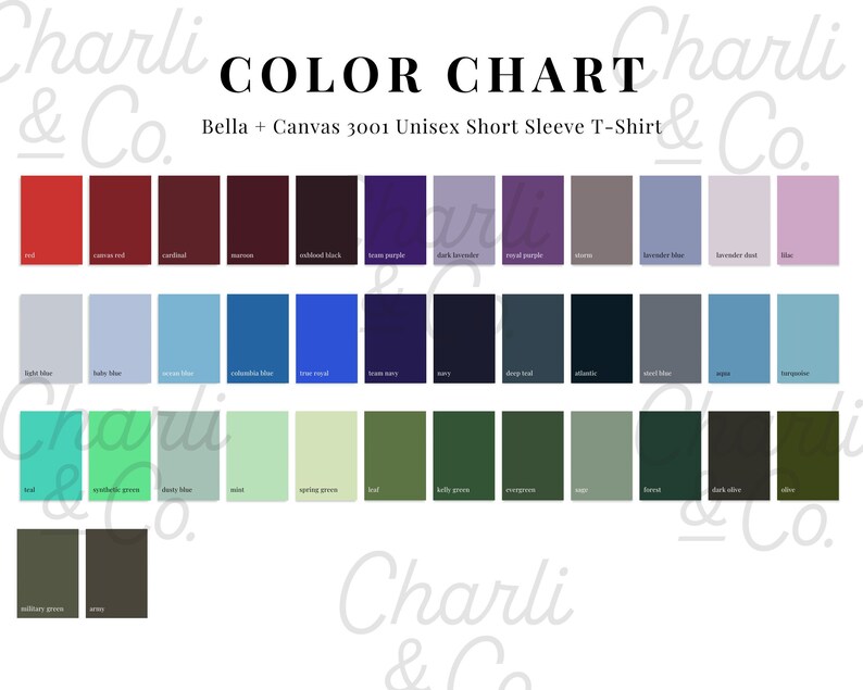2023 Bella Canvas 3001 Color Chart, Color Chart for Bella Canvas 3001 T ...