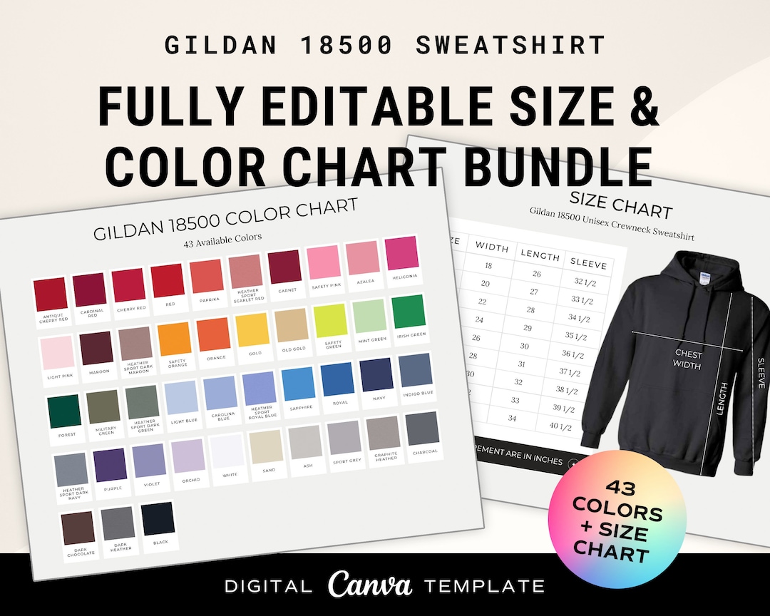 Gildan G500 Color Chart, Editable Gildan 18500 Color Chart, Gildan ...