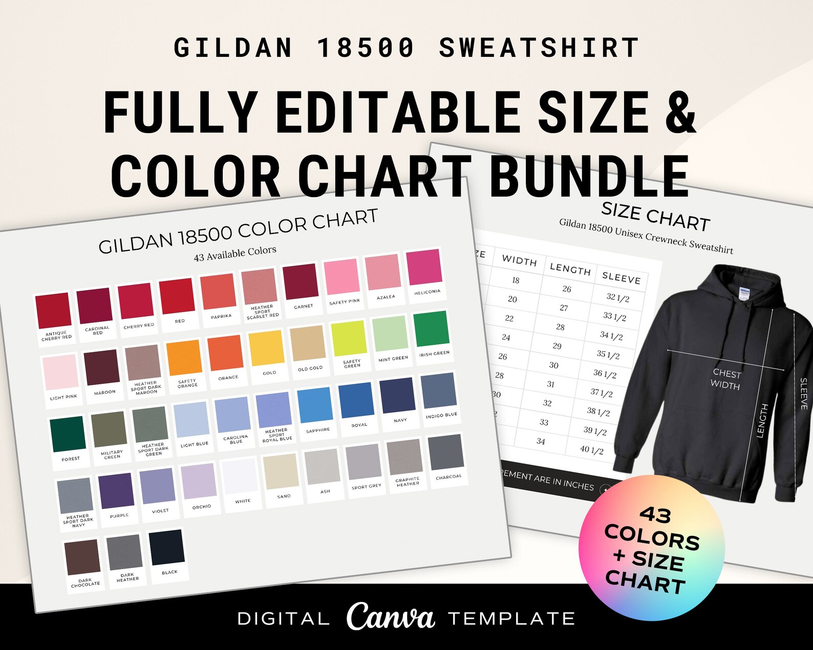 Gildan G500 Color Chart, Editable Gildan 18500 Color Chart, Gildan ...
