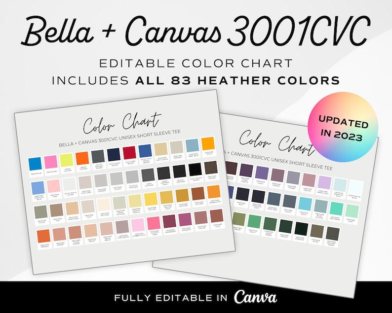Editable 2023 Bella Canvas 3001 CVC Color Chart, Editable Bella Canvas ...