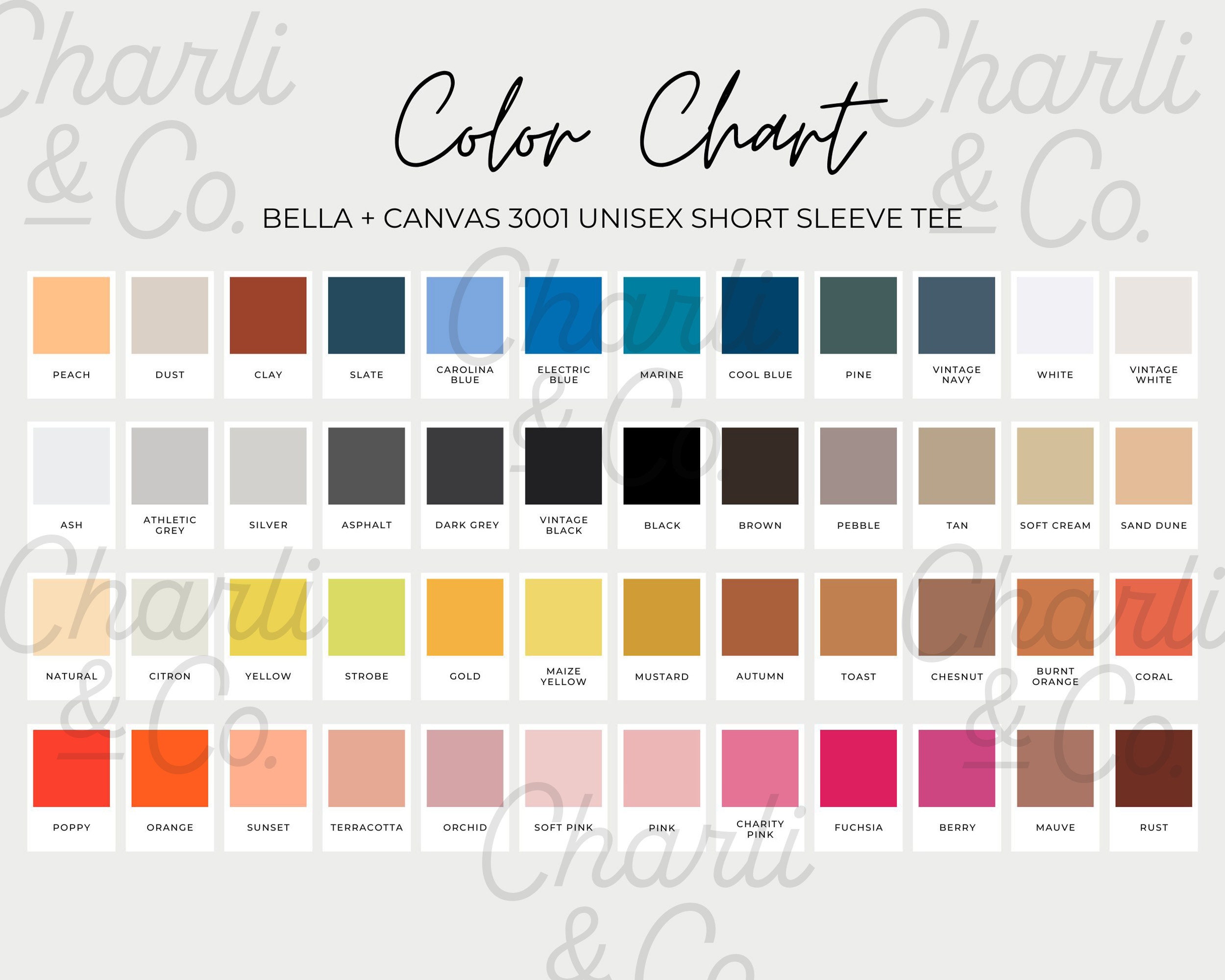 2023 Bella Canvas 3001 Color Chart, Color Chart for Bella Canvas 3001 T ...