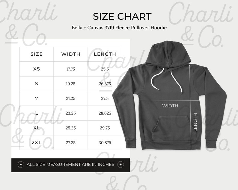 Editable Bella Canvas 3719 Size Chart, Fleece Pullover Hoodie Size ...
