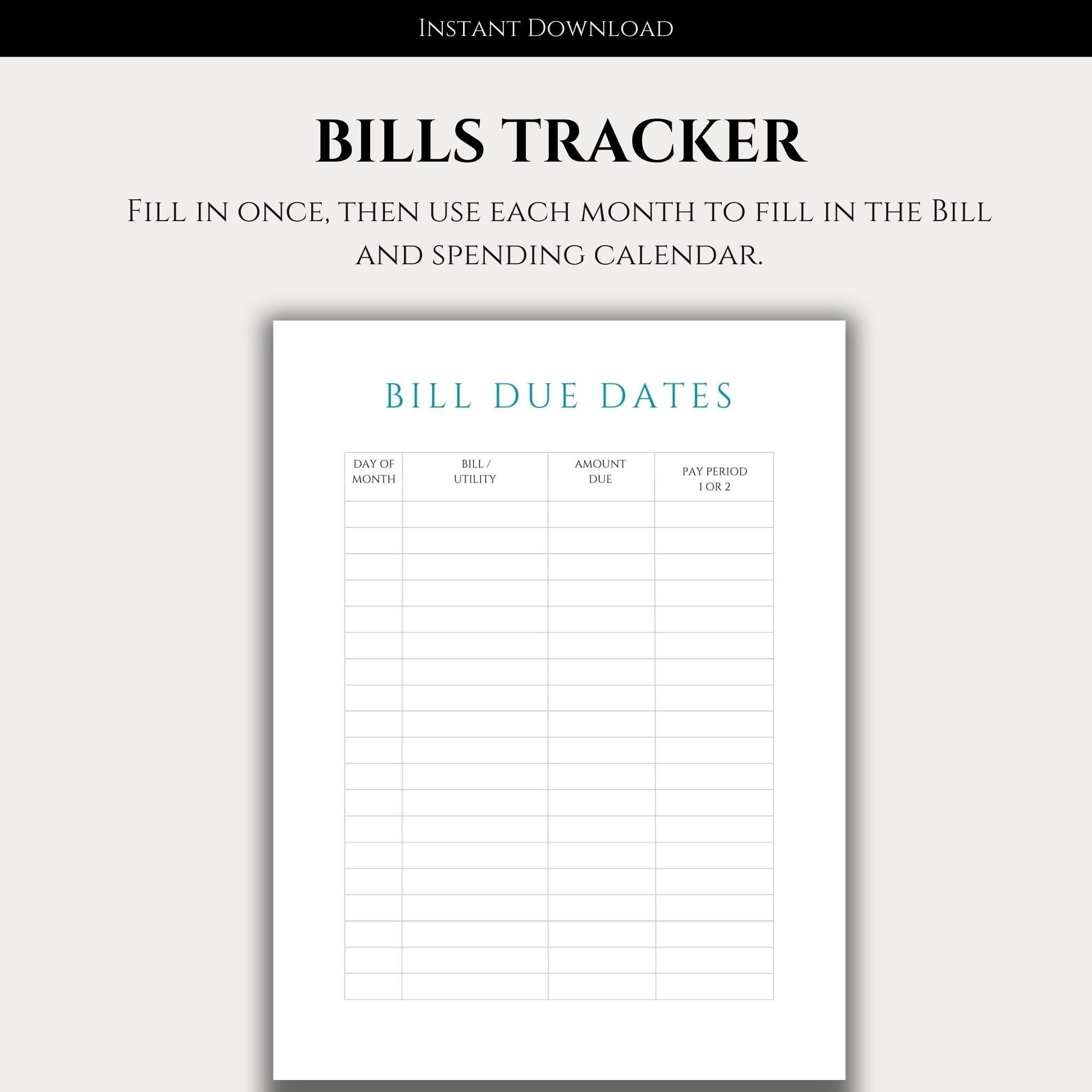 Printable Bills Tracker, Bill Payment List, Bill Organizer, Manage ...