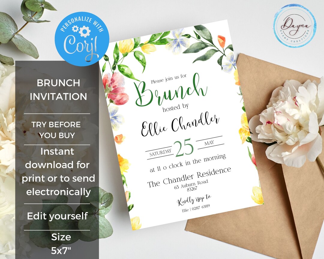 Editable Floral Brunch Invitation Template Brunch Party Invite ...