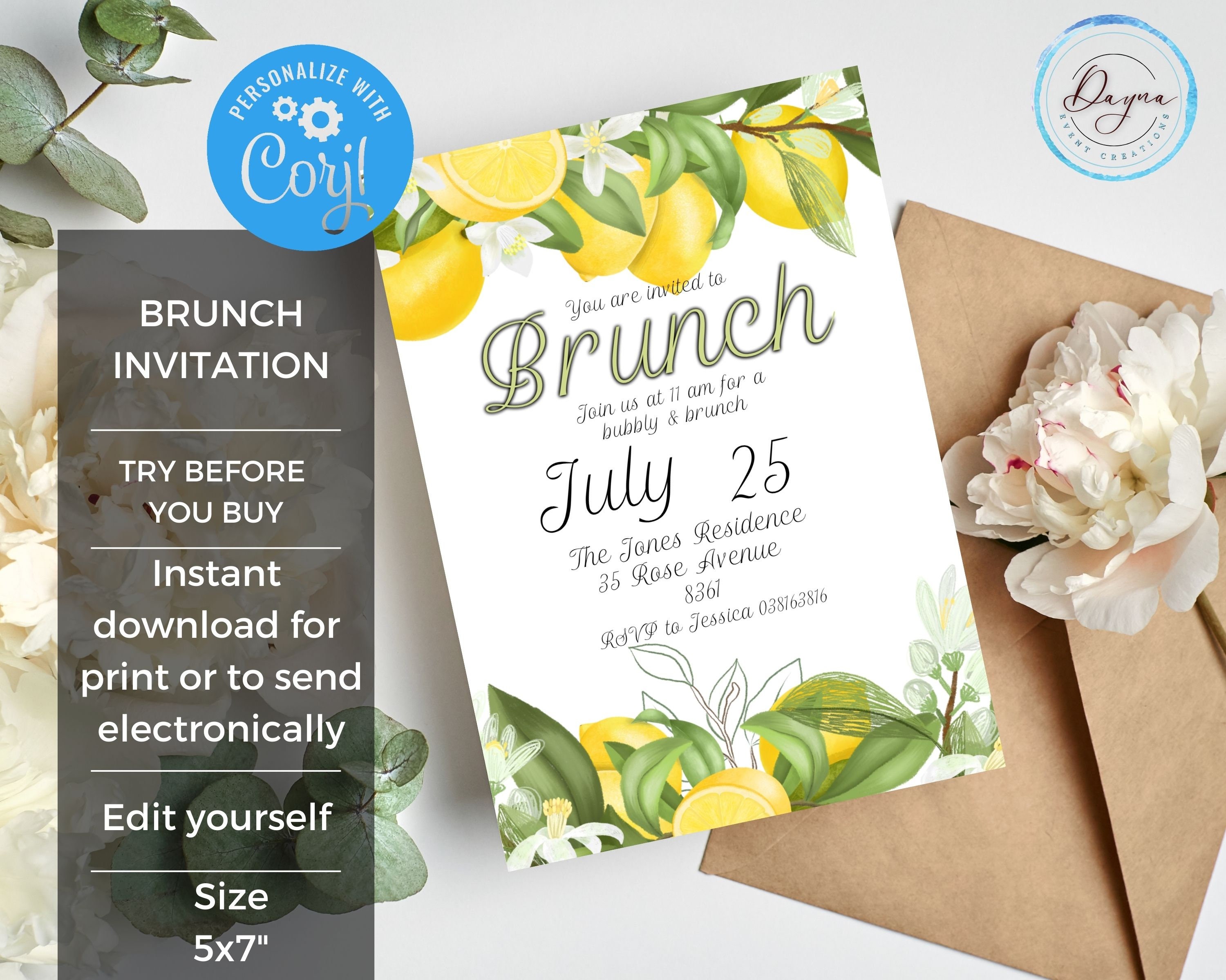 Editable Floral Lemon Brunch Invitation Template Brunch - Etsy