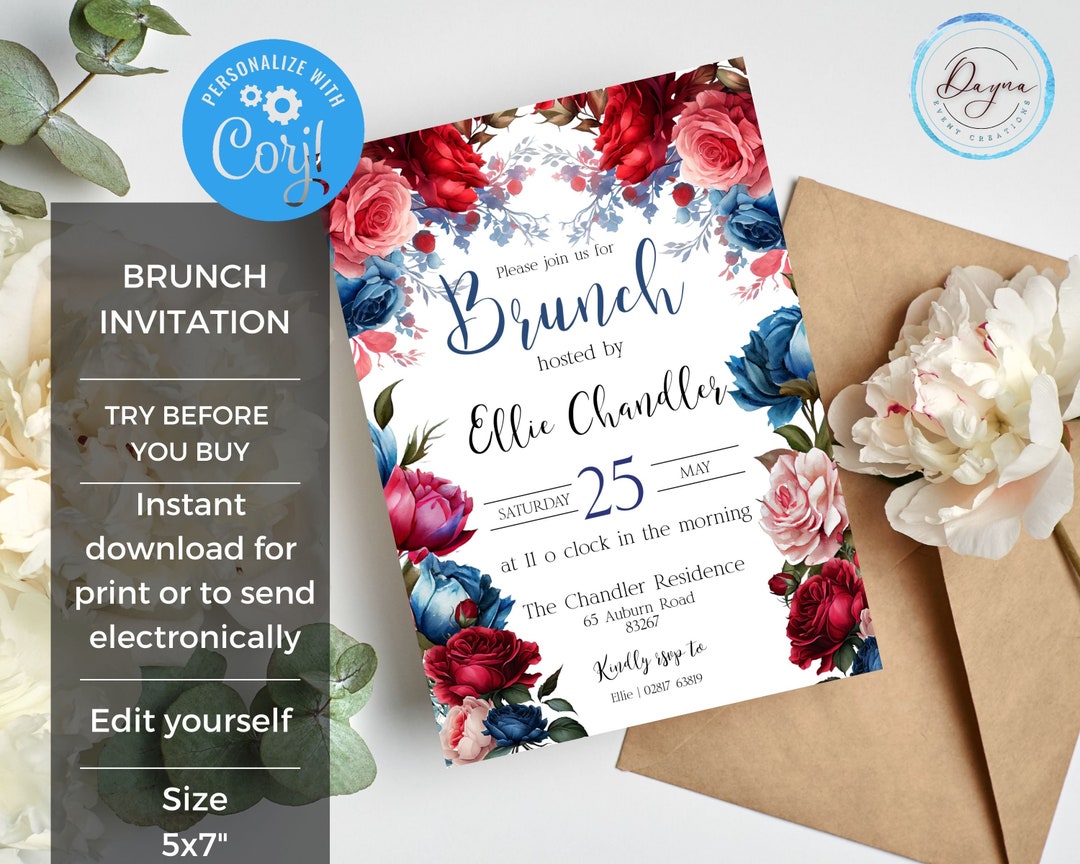 Editable Floral Brunch Invitation Template | Girls Brunch Party Invite ...