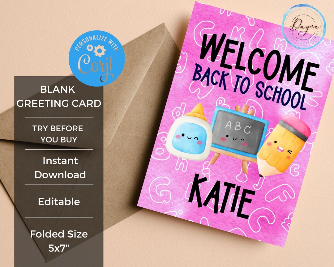 Editable Happy First Day of School Greeting Blank Card Printable | Pink ...